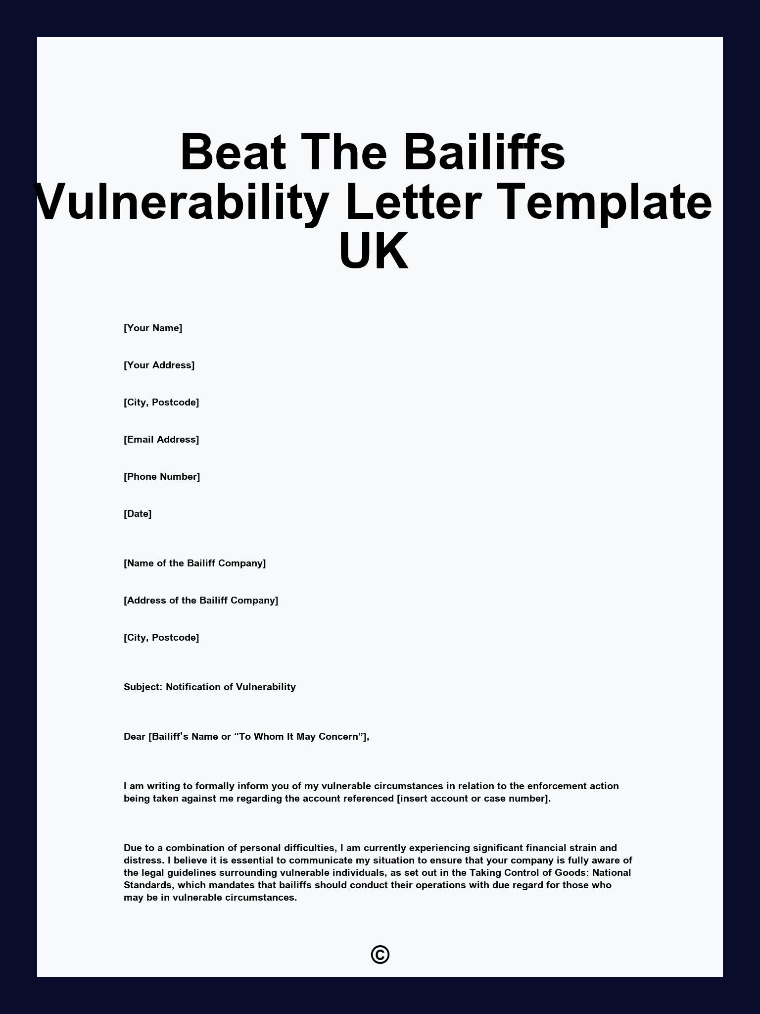 Beat The Bailiffs Vulnerability Letter Template UK
