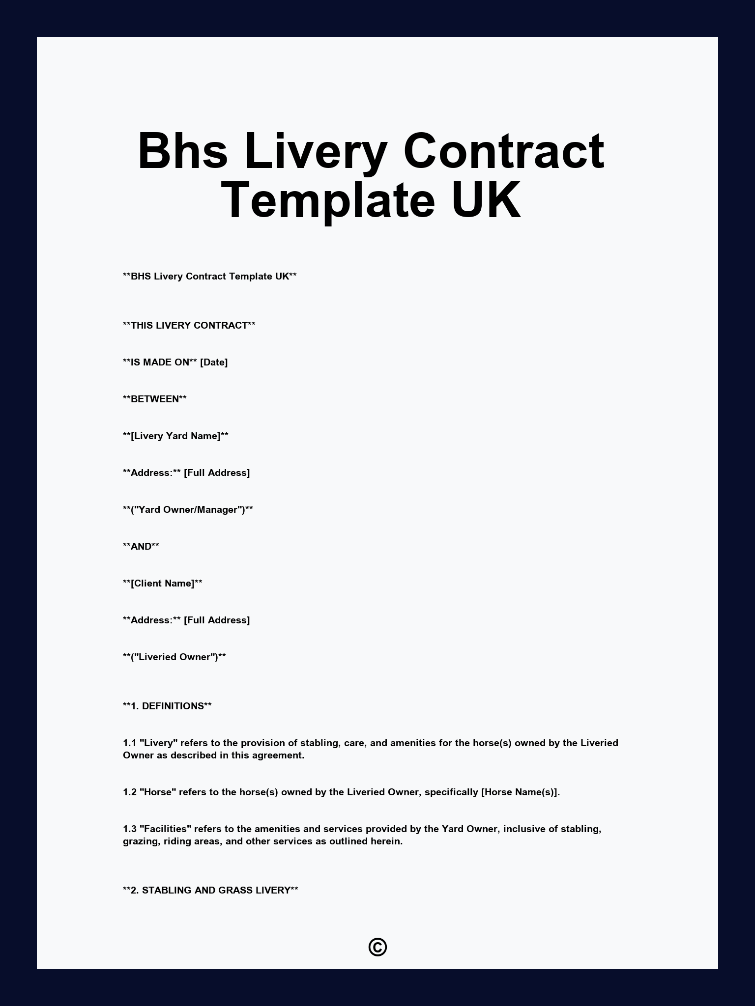 Bhs Livery Contract Template UK