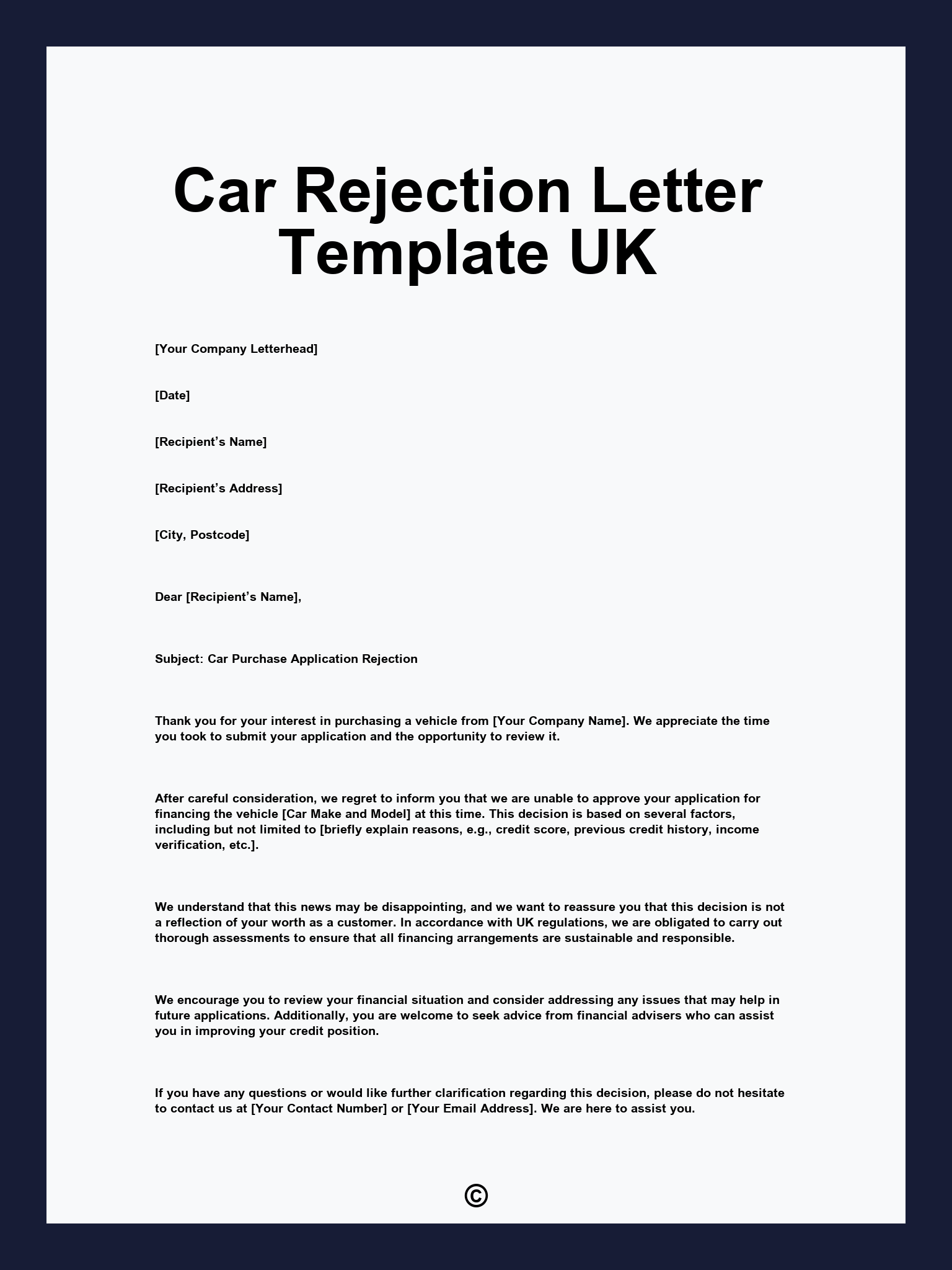 Car Rejection Letter Template UK