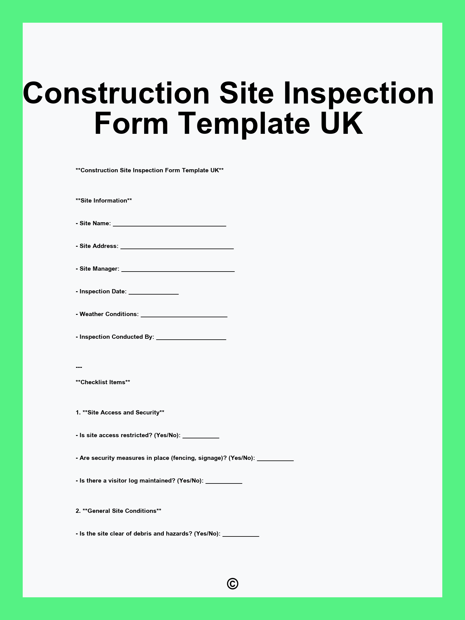Construction Site Inspection Form Template UK