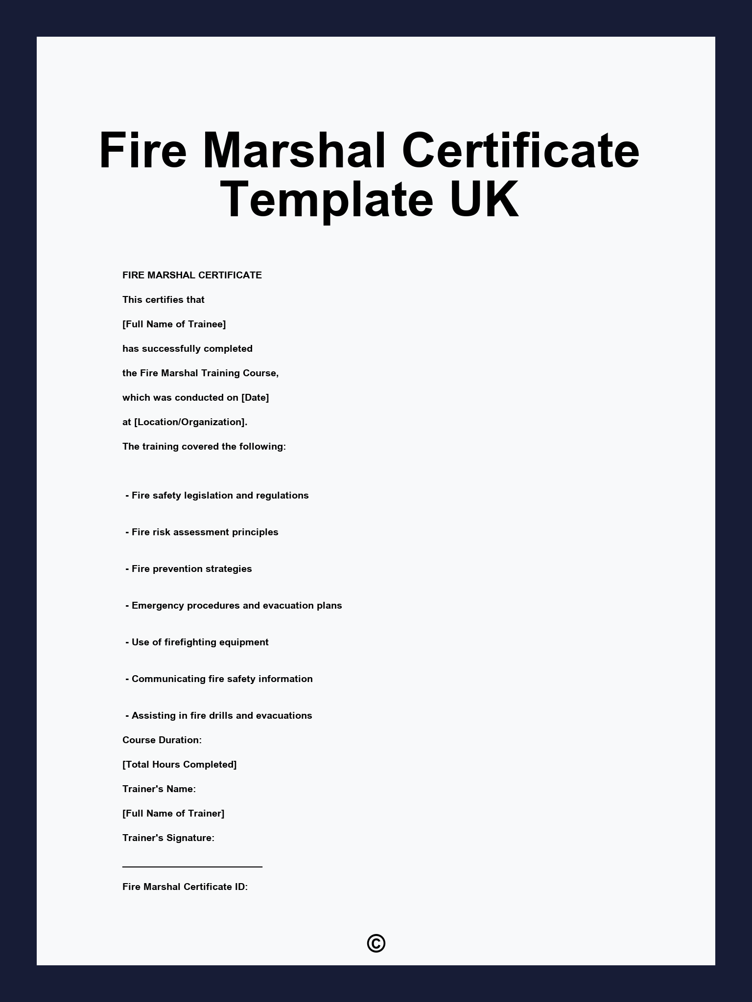 Fire Marshal Certificate Template UK