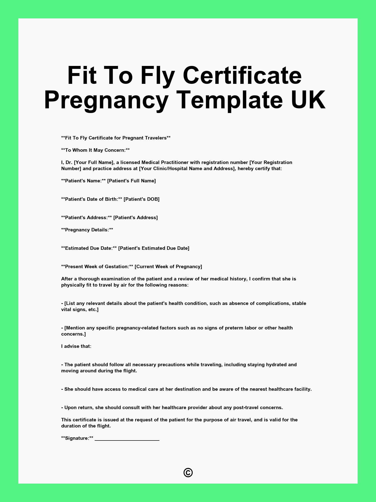 Fit To Fly Certificate Pregnancy Template UK