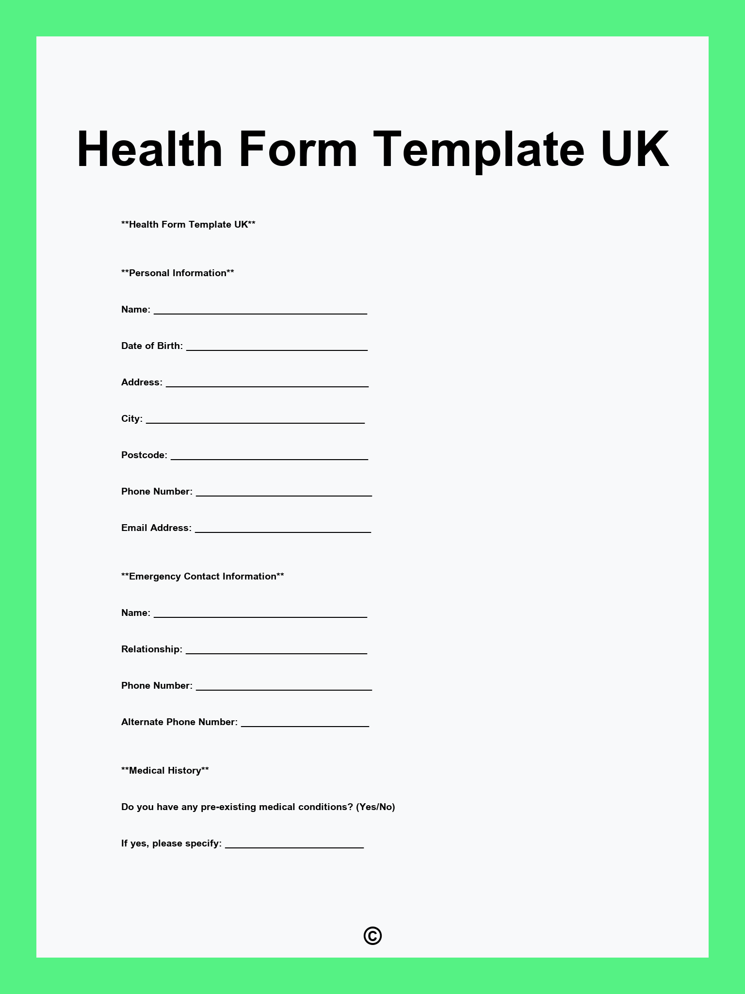 Health Form Template UK