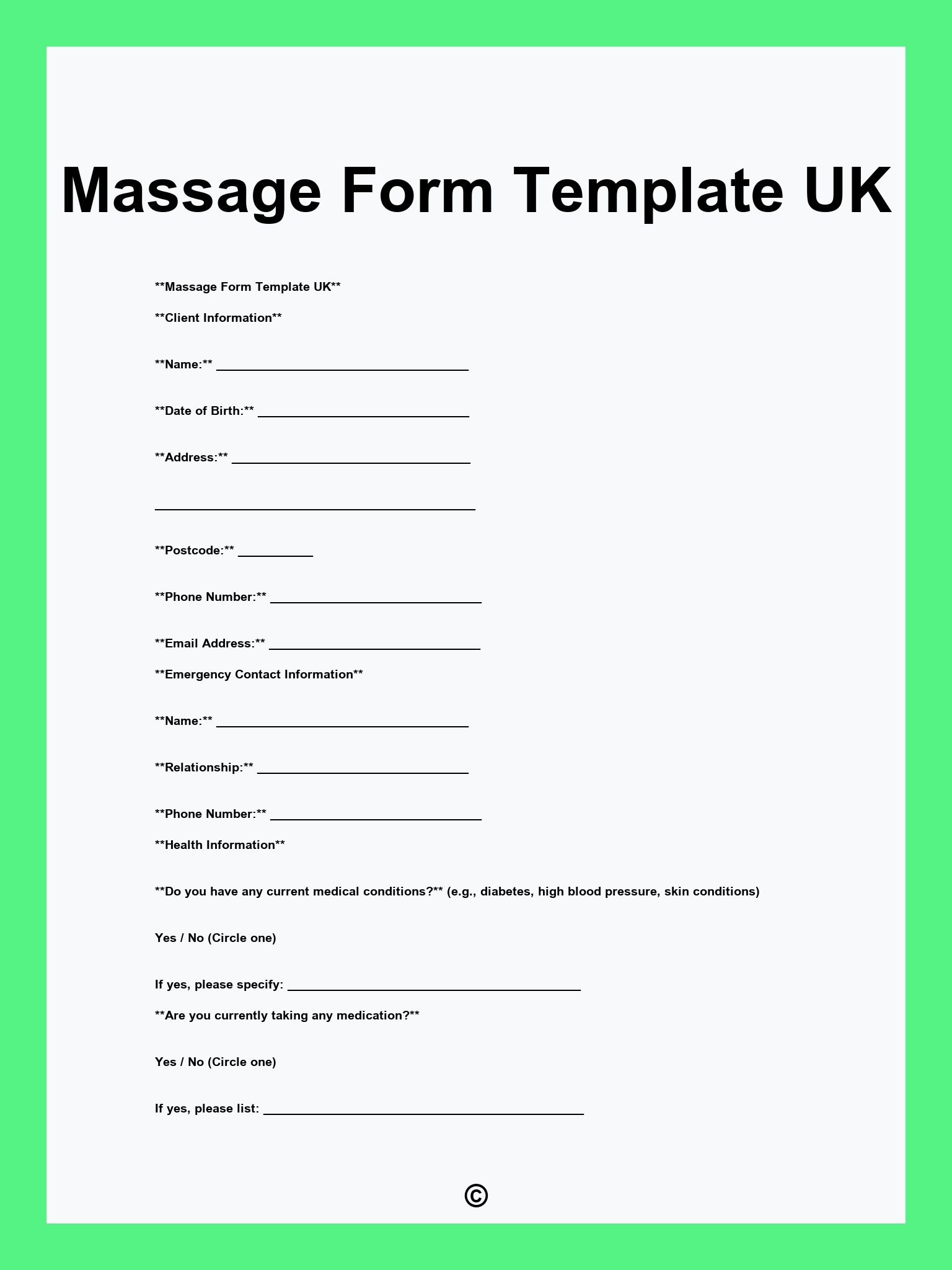 Massage Form Template UK