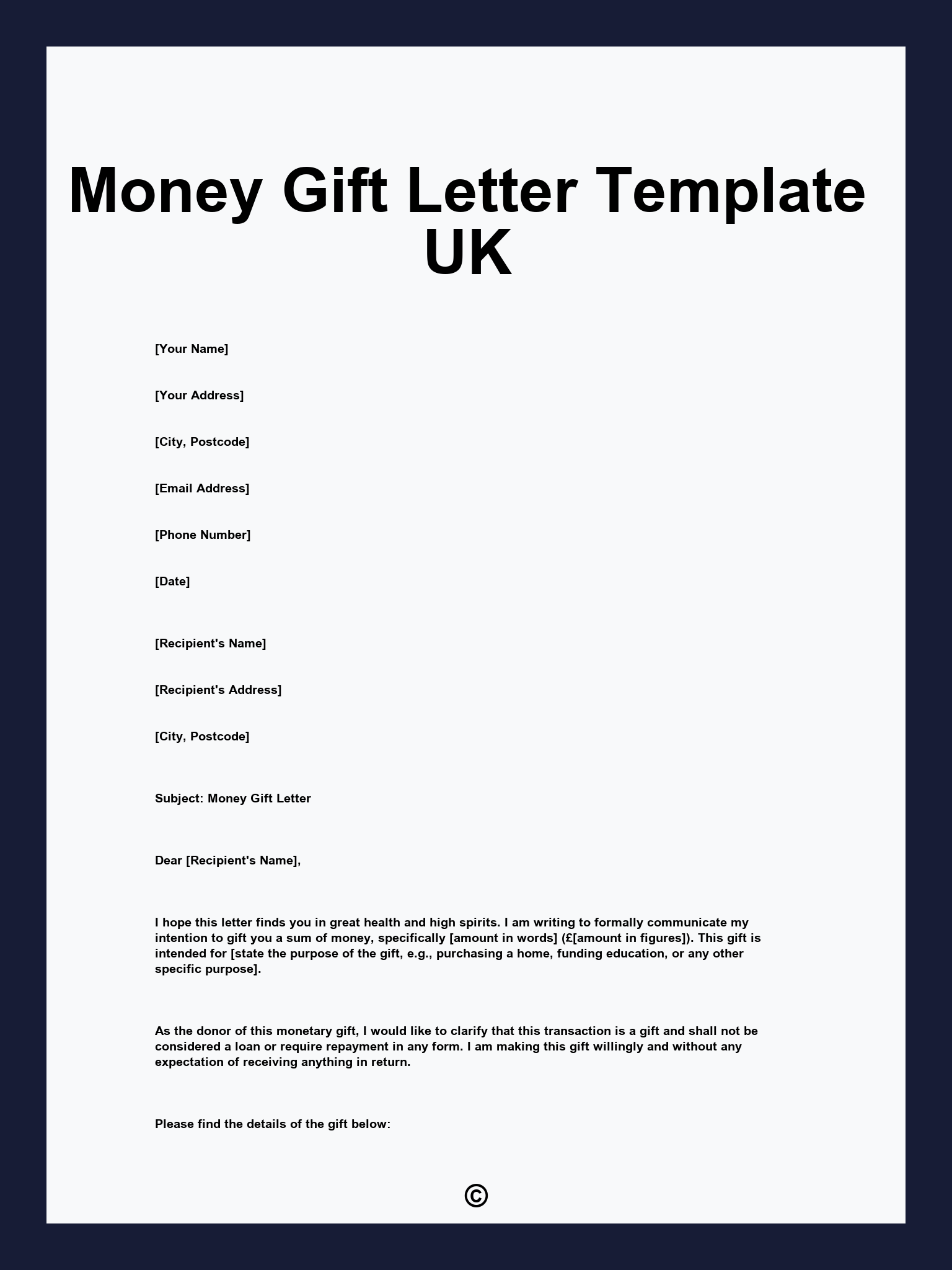 Money Gift Letter Template UK