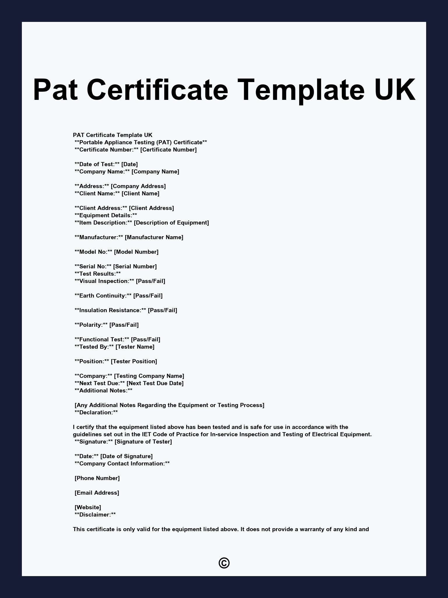 Pat Certificate Template UK