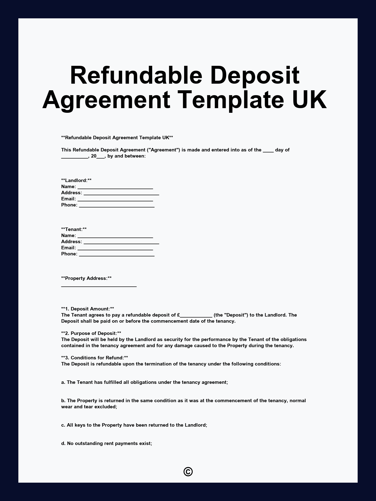 Refundable Deposit Agreement Template UK