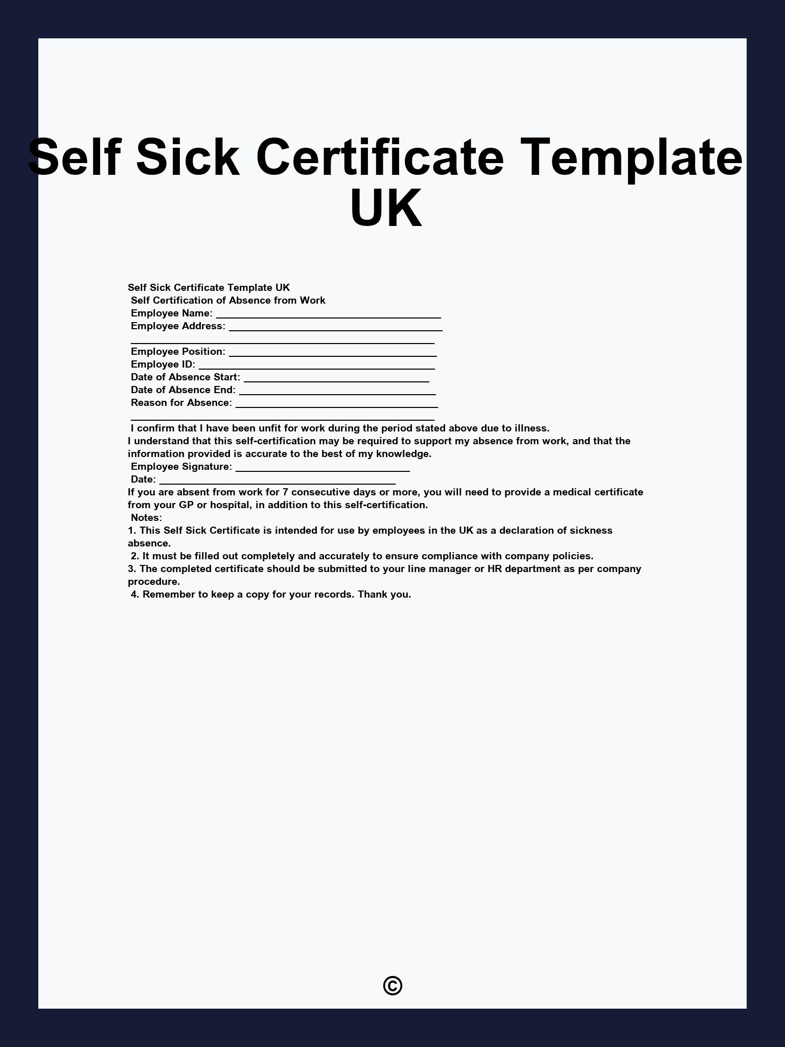 Self Sick Certificate Template UK