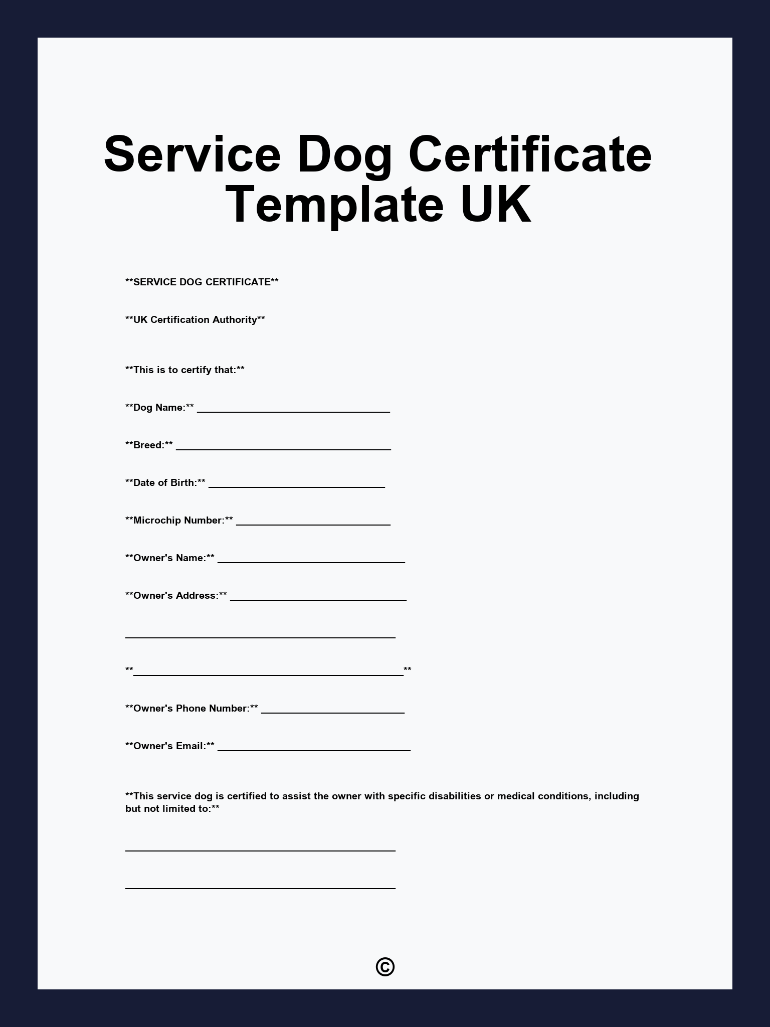 Service Dog Certificate Template UK