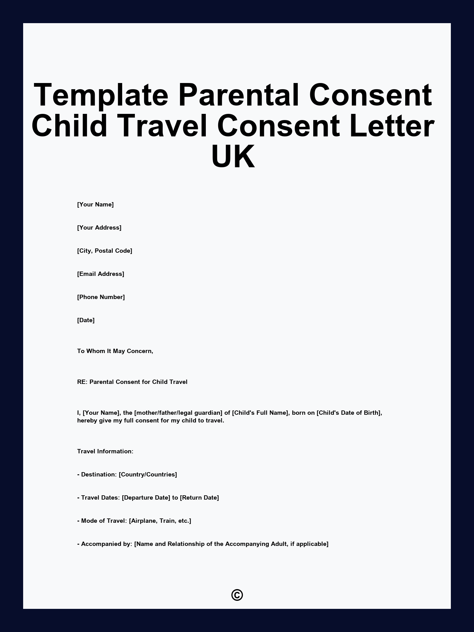Template Parental Consent Child Travel Consent Letter UK